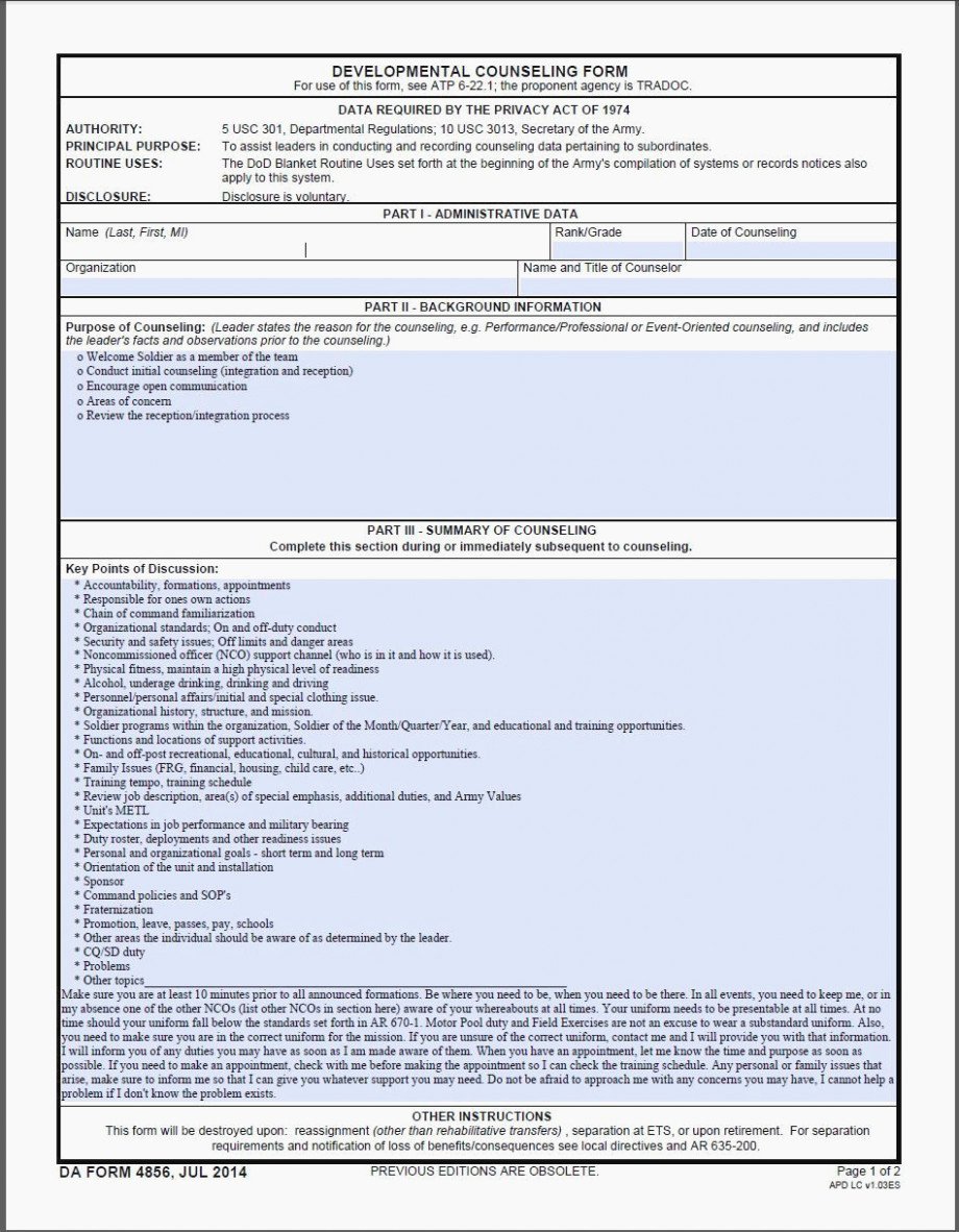  20 Army Initial Counseling Examples Dannybarrantes Template