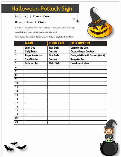  20 Halloween Potluck Sign Up Sheet Dannybarrantes Template