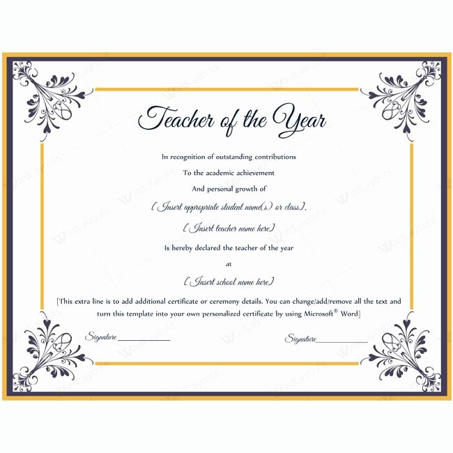  20 Teacher Of The Year Certificate Wording Dannybarrantes Template